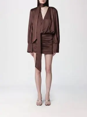 ROTATE BY BIRGER CHRISTENSEN Recycled Satin Mini Shirtdress With Scarf Neck And Long Sleeves - Brown