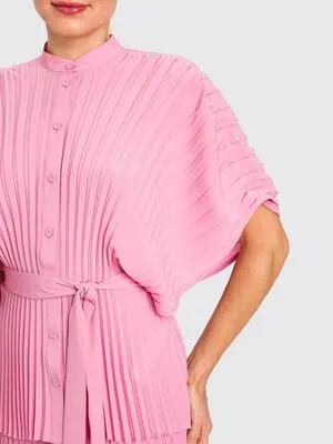 TWINSET Pleated Crêpe Shirt With Mandarin Collar And Belted Waist - Pink