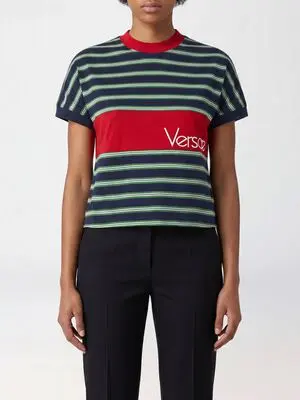 Versace Slim Fit Striped Cotton T-shirt With A Crew Neckline - Green