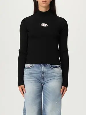 DIESEL® Ribbed High Neck Top With Logo Detail - Black
