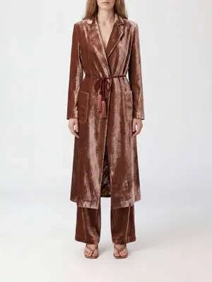 La DoubleJ Long Robe-style Coat In Velvet With A Matching Belt - Brown