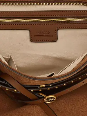 Pinko Suede Shoulder Bag With Micro Studs And Logo Embellishment - Brown