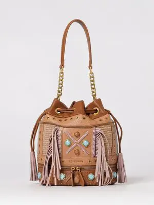 LA CARRIE Jungle Faux Leather Bucket Bag With Fringes And Stones - Red