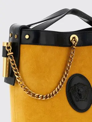 Versace Pivot Suede Bucket Bag With Medusa Logo And Metal Mesh - Yellow