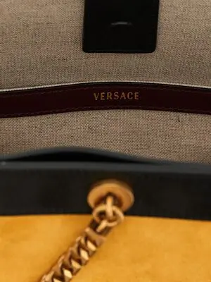 Versace Pivot Suede Bucket Bag With Medusa Logo And Metal Mesh - Yellow