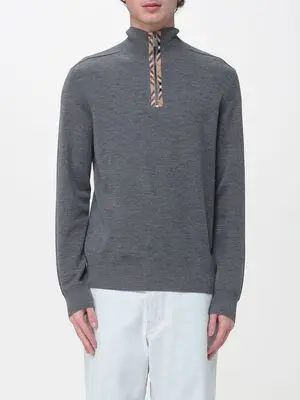 Burberry Wool Knit Sweater With Check Details - Grey