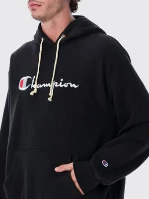 Champion Hoodie With Contrast Logo And Drawstring - Black