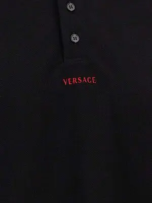 Versace Greca Pattern Cotton Polo Shirt With Contrast Embroidered Logo - Black