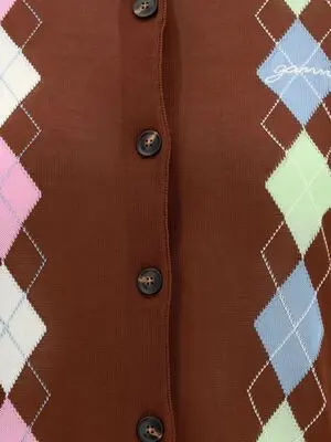 GANNI Slim Fit Argyle Cotton Cardigan - Brown