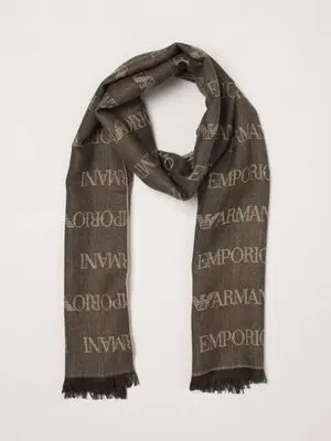 Emporio Armani Virgin Wool Blend Scarf With Jacquard Logo Pattern - Grey
