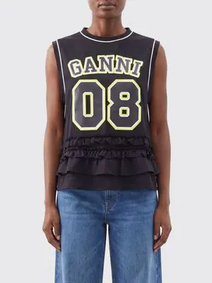 GANNI Sleeveless Polyester Top With Printed Logo And Flounces - Black