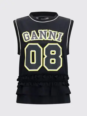 GANNI Sleeveless Polyester Top With Printed Logo And Flounces