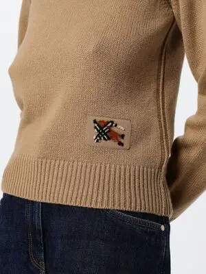 Burberry Cashmere Crewneck Sweater With Embroidered Ekd Logo - Camel