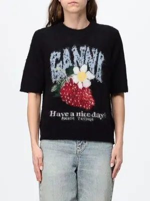 GANNI Relaxed-fit Short-sleeved Alpaca-blend Sweater With Logo - Black