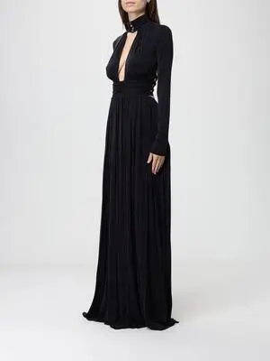 Elisabetta Franchi Long Sleeve Plunge Neck Gown - Black