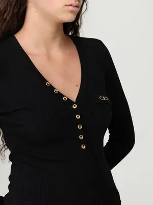 Elisabetta Franchi Ribbed V-neck Long Sleeve Jumper With Gold-tone Buttons