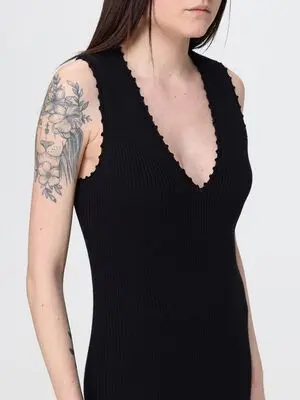 GANNI Ribbed Midi Dress With Lace Trim - Black