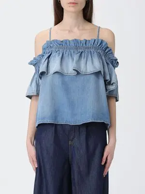 Pinko Cotton Top With Ruffles - Denim