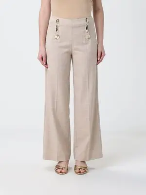 SIMONA CORSELLINI Linen Wide Trousers With Metal Inserts - Beige