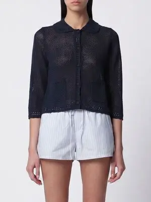 DUNST Linen And Cotton Blend Polo Cardigan - Blue