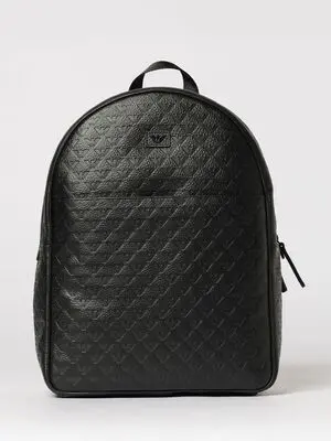 Emporio Armani Grained Leather Backpack With Embossed Monogram - Black