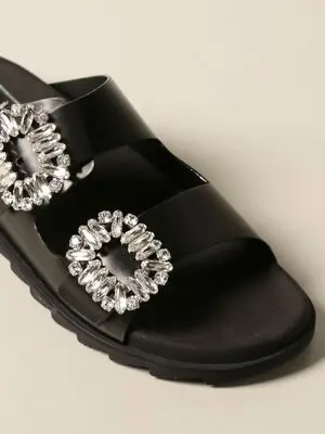ROGER VIVIER Buckled Leather Slidy Sandals - Black