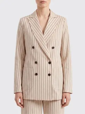 MYTHS Double-breasted Blazer In Striped Lyocell - Brown