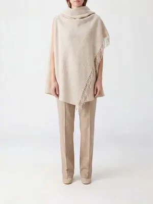 Fabiana Filippi High-neck Wool Cape With Concealed Closure And Fringes - Beige