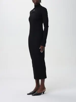 Off-White Ribbed Knit Midi Dress With High Neck