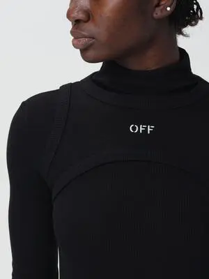 Off-White Ribbed Knit Midi Dress With High Neck