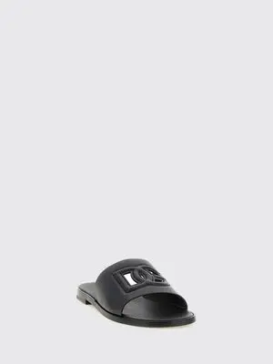 Dolce & Gabbana Smooth Calf Leather Slide Sandals With Dg Monogram - Black