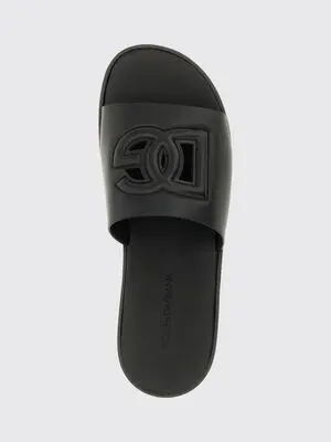 Dolce & Gabbana Smooth Calf Leather Slide Sandals With Dg Monogram - Black