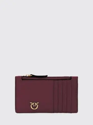 Pinko Flat Leather Card Holder With Love Birds Logo And Zip Closure - Cherry