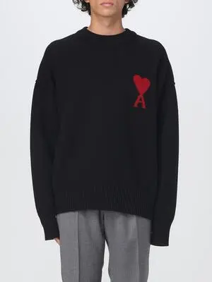 AMI Paris Crew Neck Jumper With Red De Cœur Logo - Black