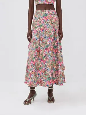 Farm Rio Floral Linen Midi Skirt With Appliqués - Multicolor