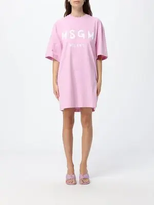 MSGM Cotton Mini T-shirt Dress With Contrast Logo And Dropped Shoulders - Pink