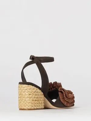 PALOMA BARCELO Suede And Raffia Floral Appliqué Mid Heel Sandals