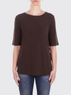 Max Mara Viscose Crewneck Top With Short Sleeves And Curved Hem - Brown