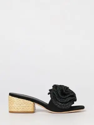 PALOMA BARCELO Suede And Raffia Slip-on Mules With Flower Appliqu - Black