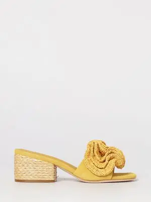 PALOMA BARCELO Suede And Raffia Slip-on Mules With Flower Appliqu - Ocher