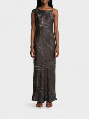 ALYSI Long Silk Slip Dress With Abstract Print And Thin Straps - Brown