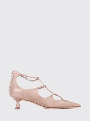 ANNA F. Smooth Leather T-strap Pumps With Low Stiletto Heel - Beige