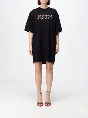 MSGM Cotton Mini T-shirt Dress With Contrast Logo And Dropped Shoulders - Black