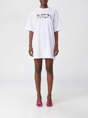 MSGM Cotton Mini T-shirt Dress With Contrast Logo And Dropped Shoulders - White
