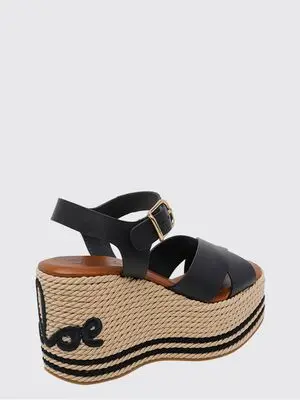 Chloé High Wedge Sandals In Calfskin Leather - Black