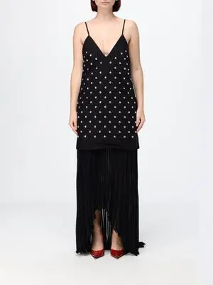 MSGM Pleated Cotton Long Evening Gown With V-neck And Embroidery - Black