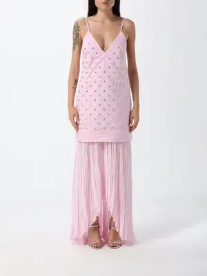 MSGM Pleated Cotton Long Evening Gown With V-neck And Embroidery - Pink