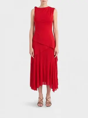 GANNI Asymmetrical Off-the-shoulder Midi Dress In Recycled Jersey - Red