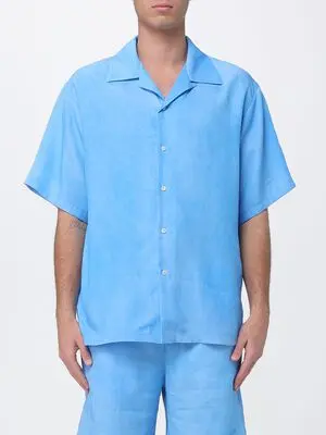 MSGM Short-sleeved Lyocell Shirt With Cuban Collar - Blue