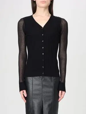 Pinko Ribbed V-neck Cardigan With Sheer Sleeves - Black